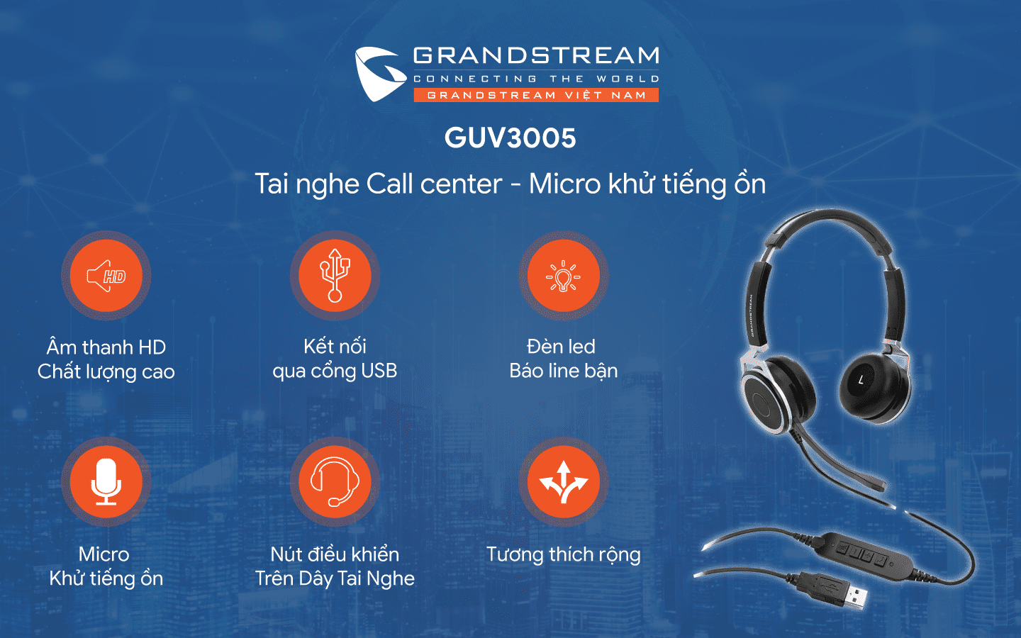 Tai Nghe USB GUV3005 Micro Khử Tiếng ồn Có đèn Báo Bận » Grandstream Việt Nam